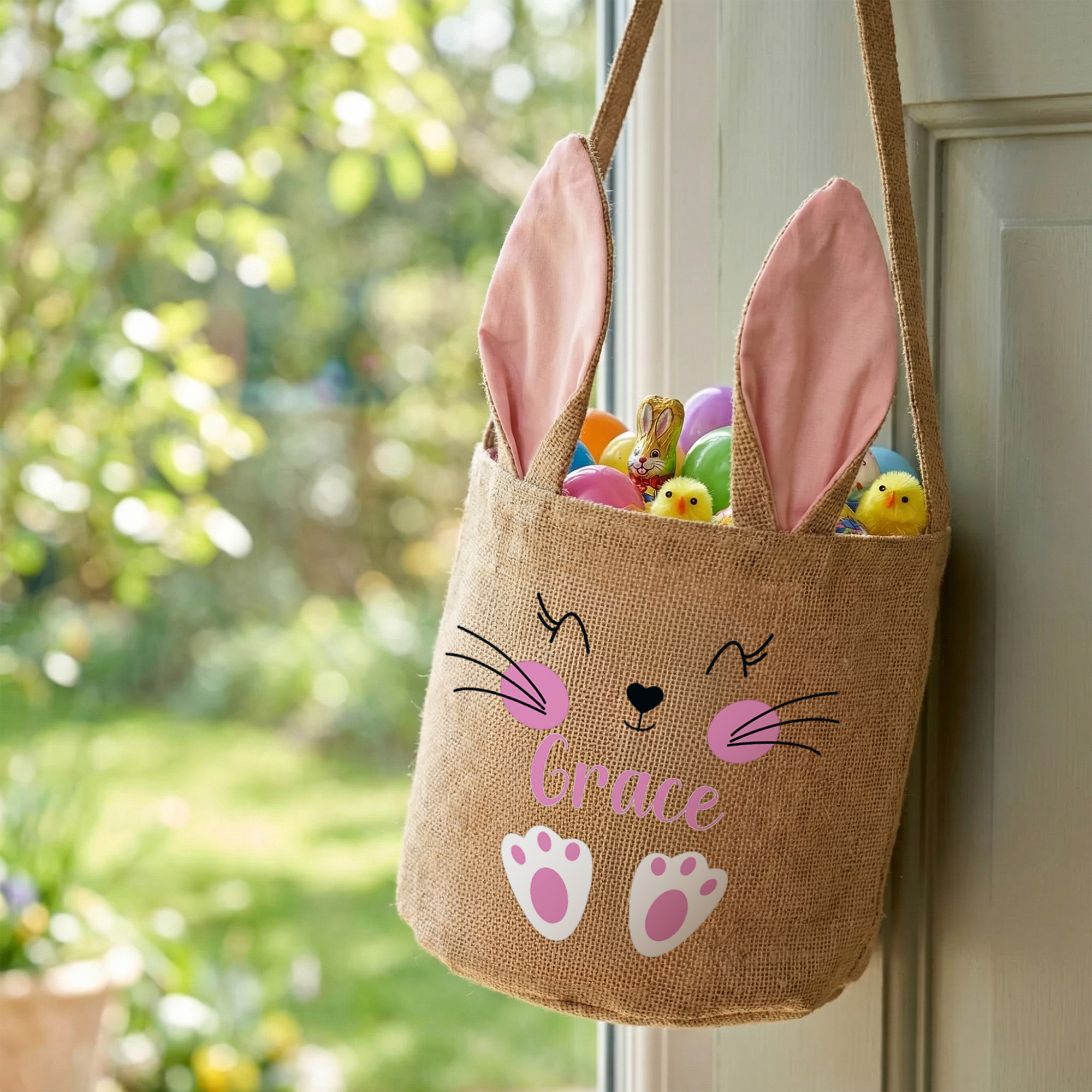 Panier en toile de jute personnalisé avec nom et oreilles de lapin ...