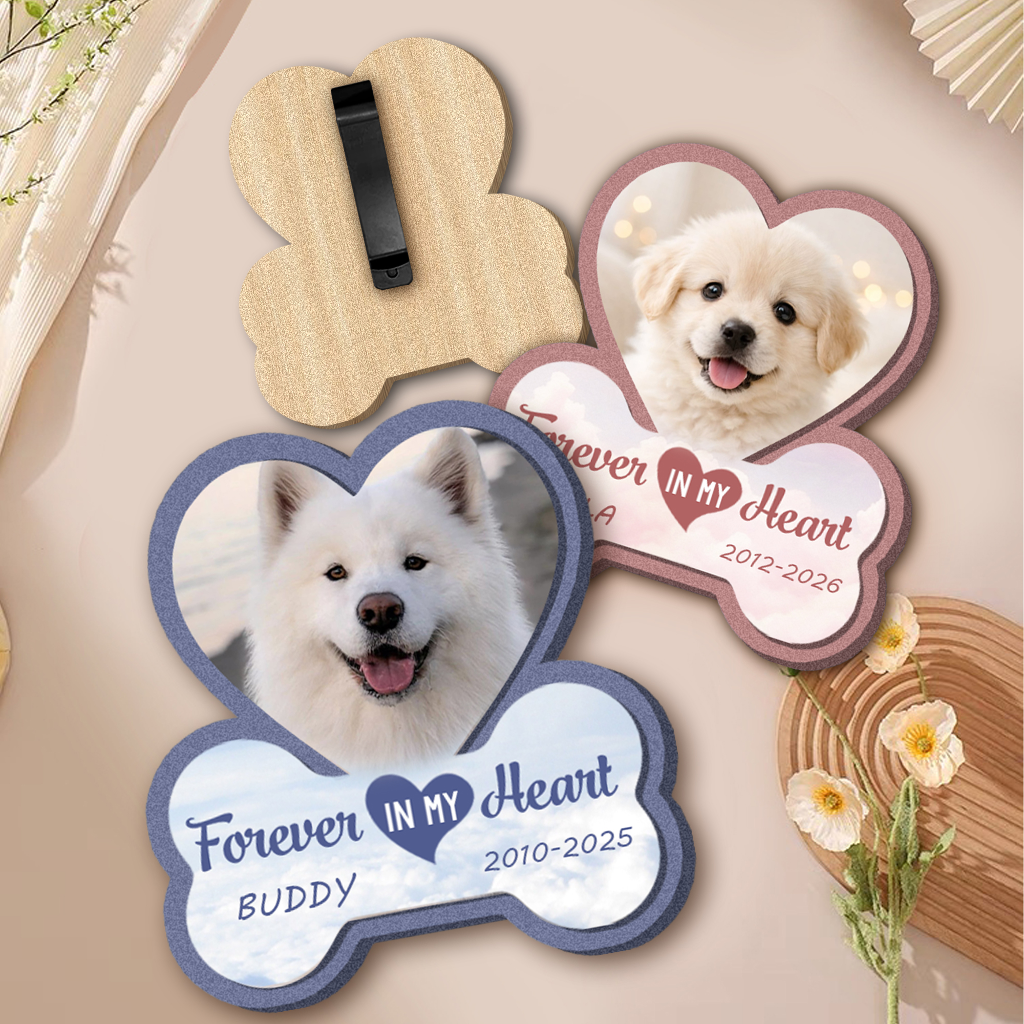 Personalized Heart Dog Bone Wooden Photo Car Visor Clip with Name and ...