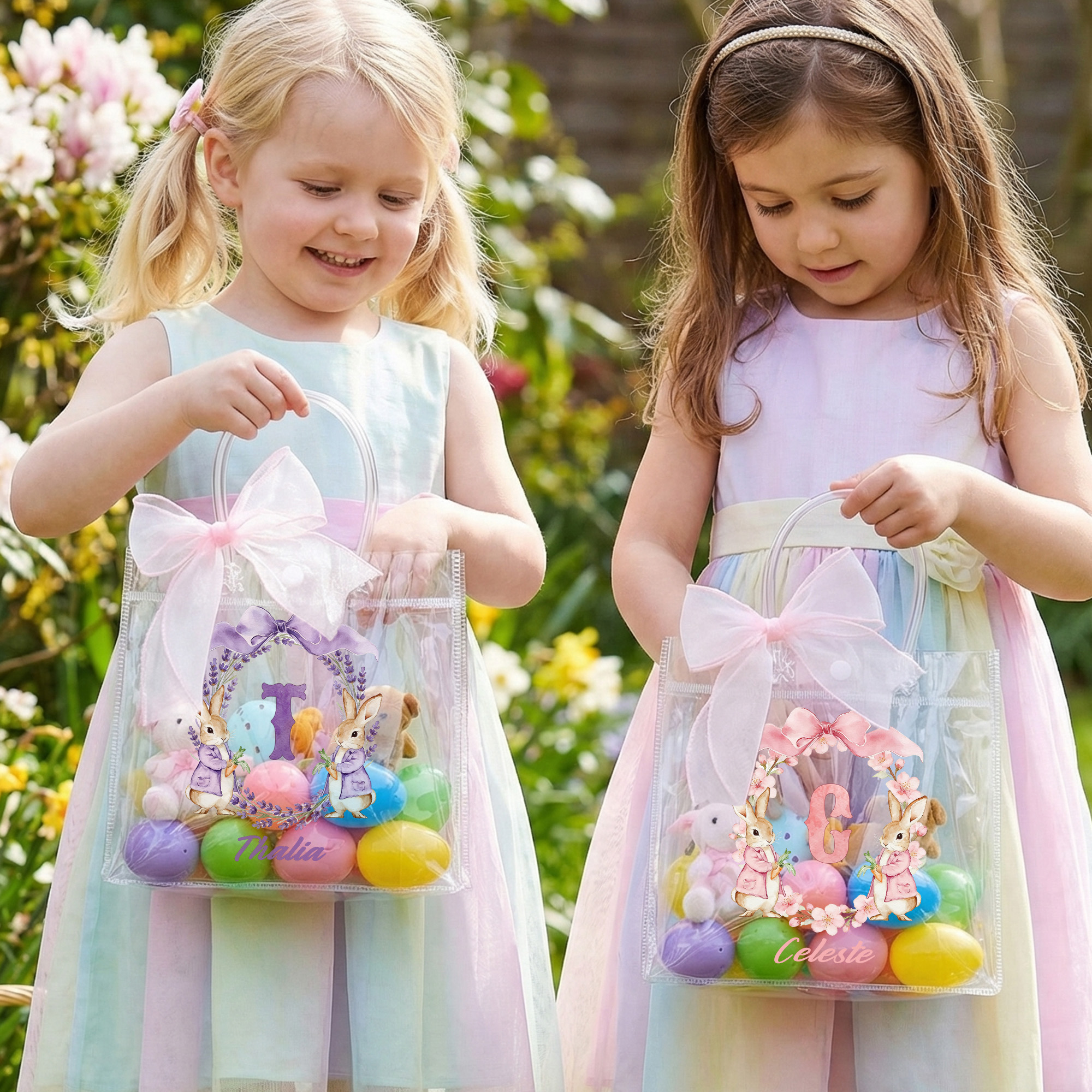 Sac cadeau transparent avec nom et ruban rose pour la chasse aux oeufs ...