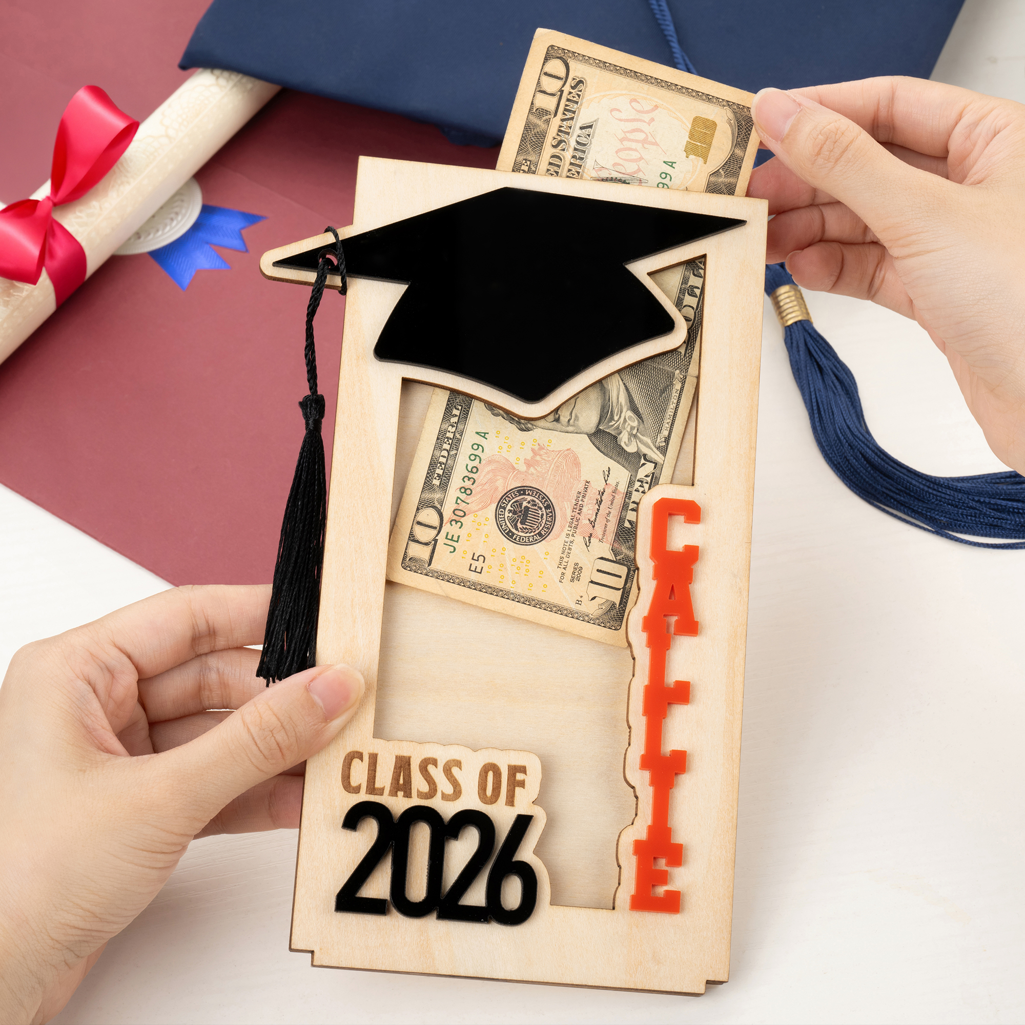 Personalized Multicolor Name Tassel Grad Cap Wooden Money Holder Cash ...