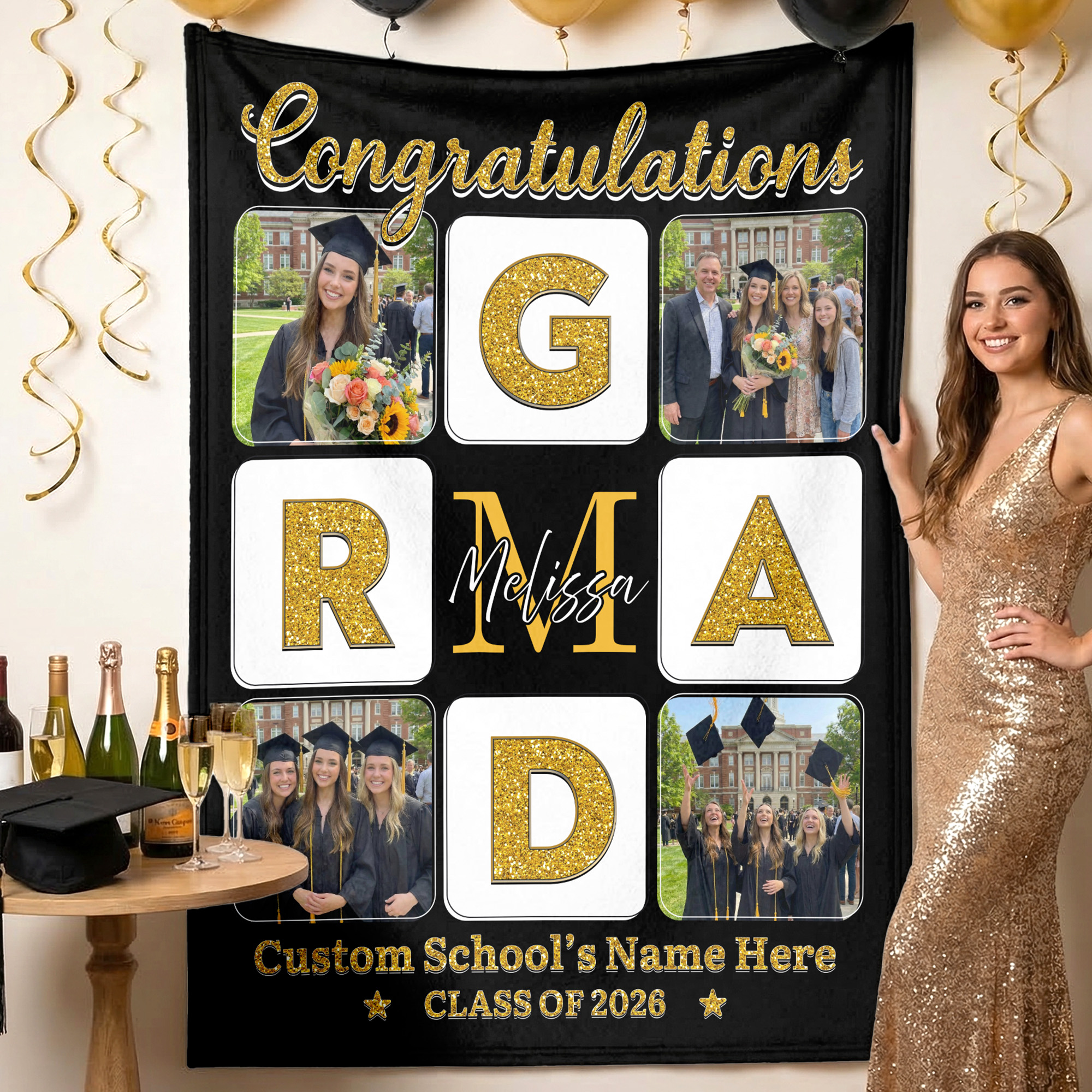 Personalized GRAD Letter Grid Photos School Name Soft Throw Blanket ...