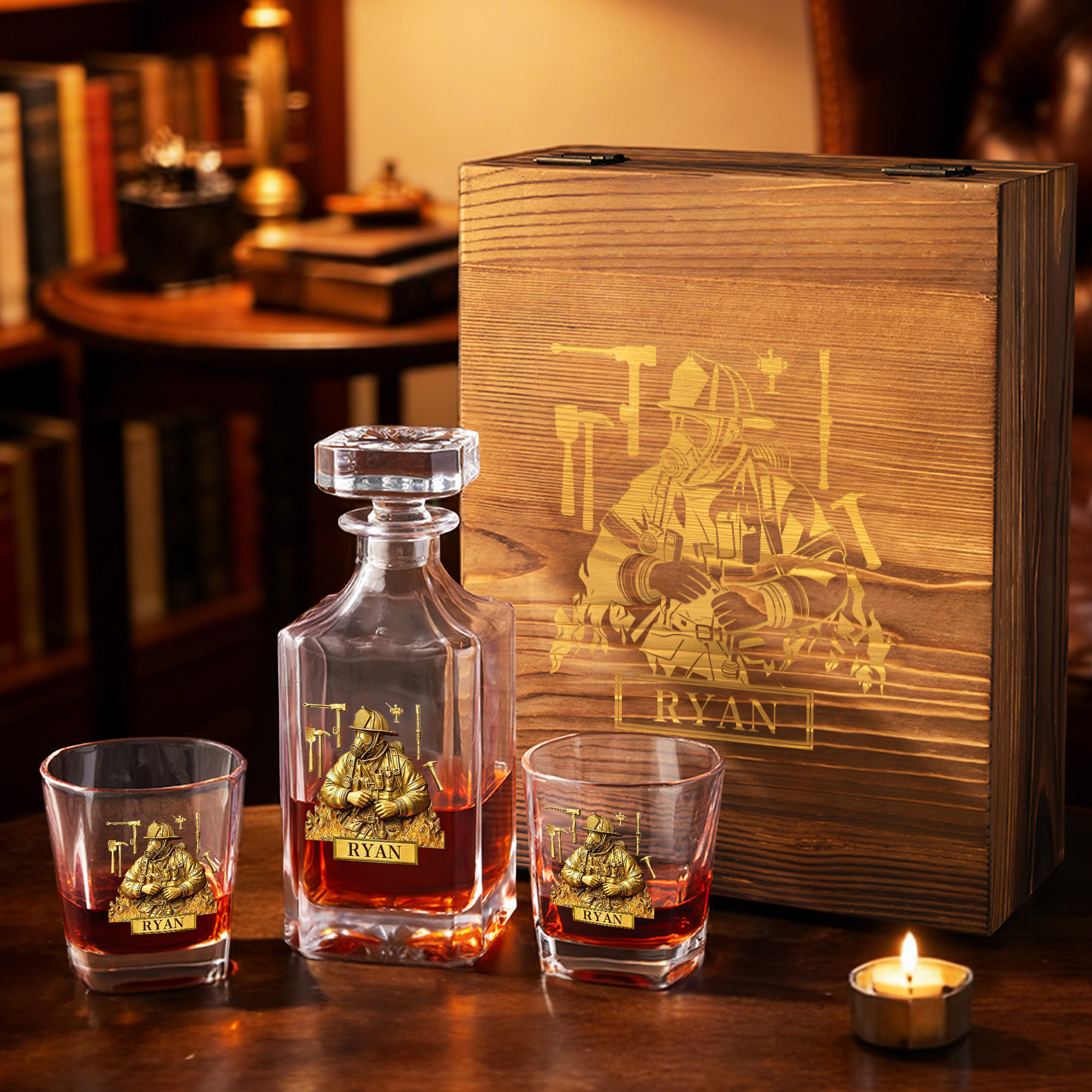 Personalised Firefighter Design Whiskey Decanter Glasses Wooden Box Set ...