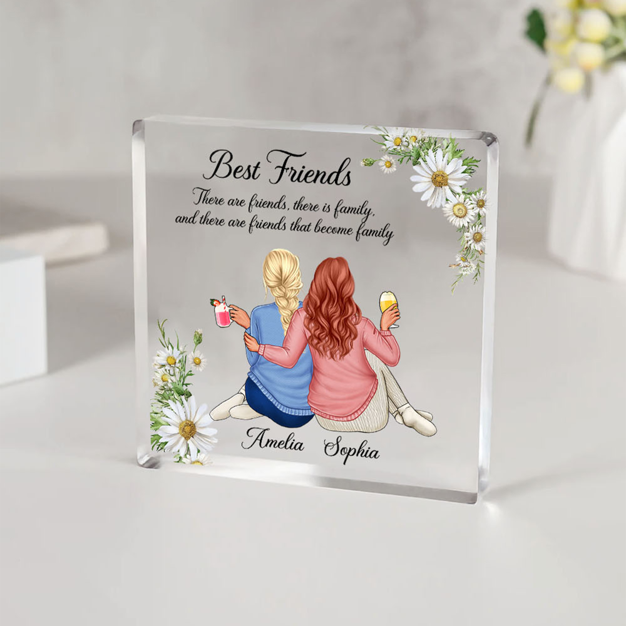 Personalised Cartoon Characters Back View Birth Flower Square Acrylic ...