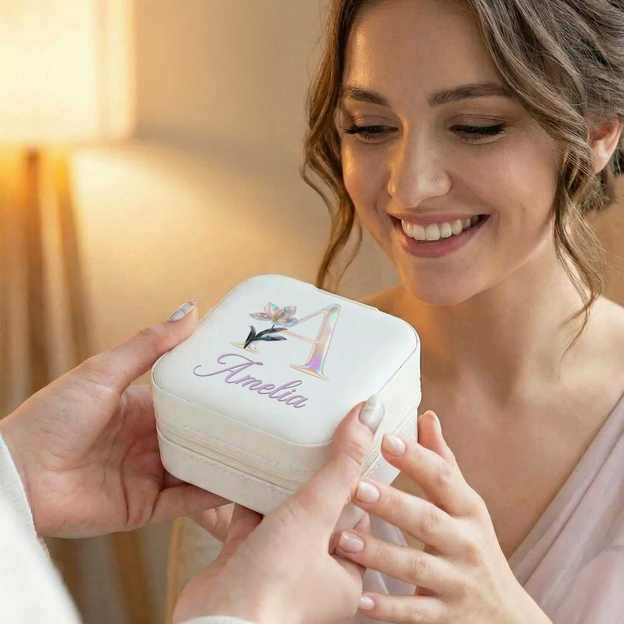Personalized Mother of Pearl Effect Birth Flower PU Leather Jewelry Box ...