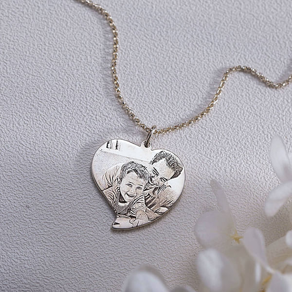 Callie Engraved Heart Photo Necklace Silver - CALLIE