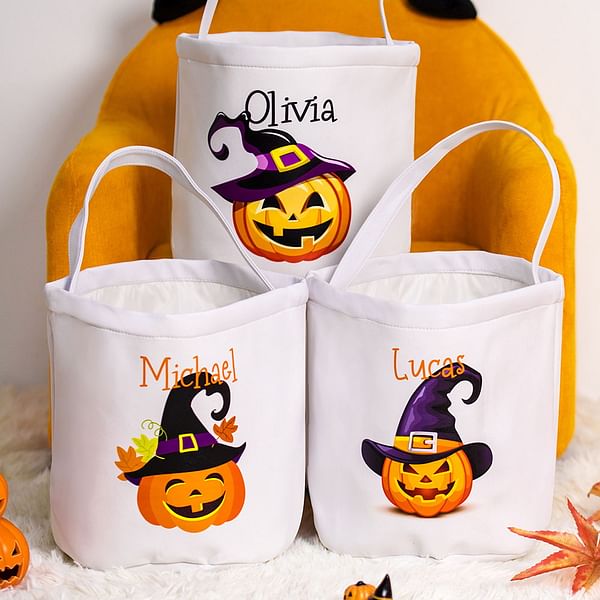 Personalized Pumpkin Witch Hat Design Bucket with Name Halloween Trick ...