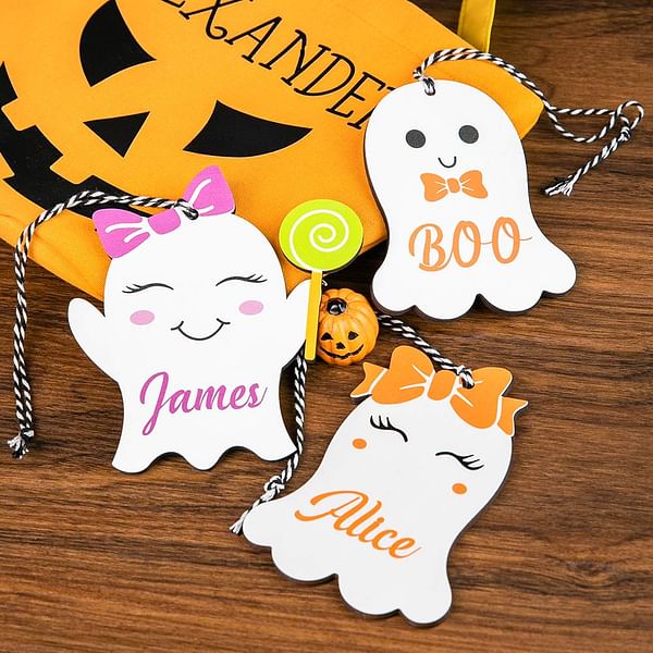 Customised Halloween Boo Ghost Name Candy Bag Tags - CALLIE