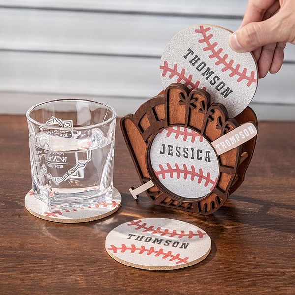 Personalized 3 Pack Baseball Design Drink Coasters Set with Holder - CALLIE