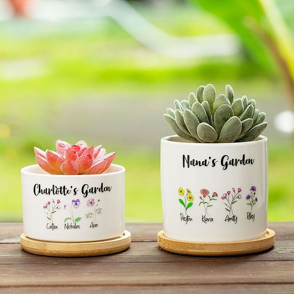 Personalised Birth Flower Plant Ceramic Pot Planter and Bamboo Base ...