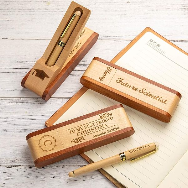 Personalized Natural Wood Ballpoint Pen & Case Set - CALLIE