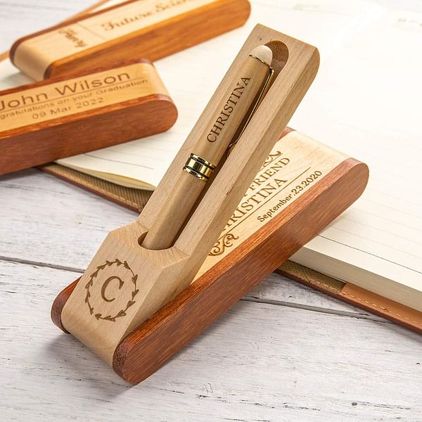Personalized Natural Wood Ballpoint Pen & Case Set - CALLIE