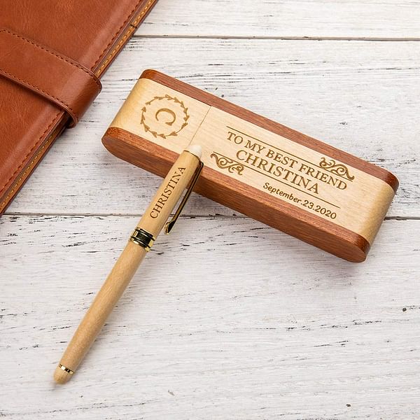 Personalized Natural Wood Ballpoint Pen & Case Set - CALLIE