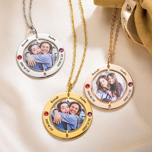Personalized Engraved Circle Memorial Photo Necklace with Birthstones ...