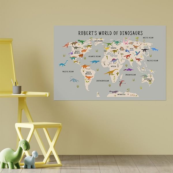 Personalized Dinosaur World Map Wall Art Kids Educational Poster Print ...