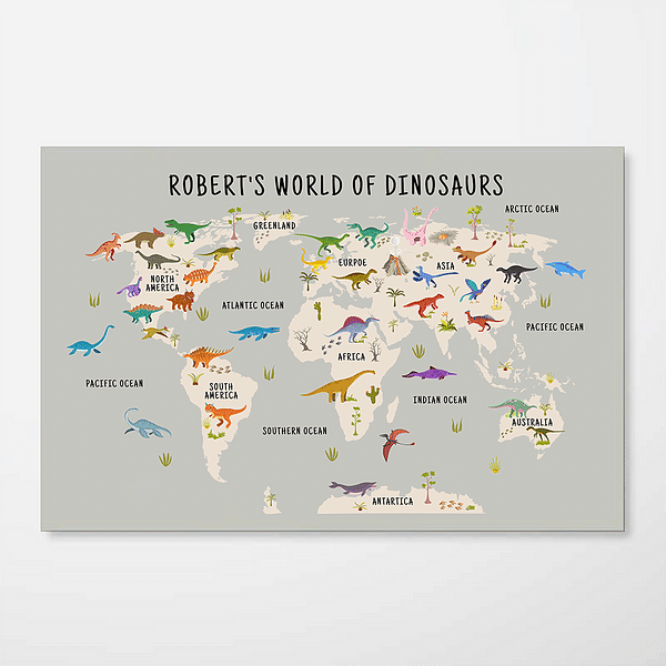 Personalized Dinosaur World Map Wall Art Kids Educational Poster Print ...