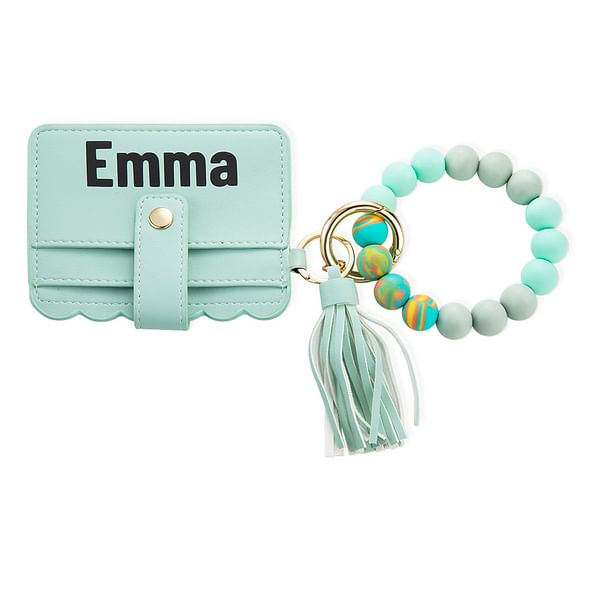 Personalized Keychain Leather Wallet With Wristlet Beaded Bracelet - CALLIE