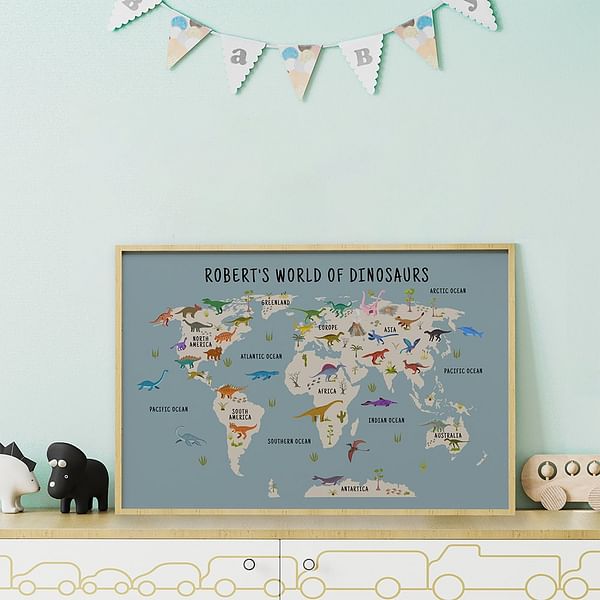 Personalized Dinosaur World Map Wall Art Kids Educational Poster Print ...