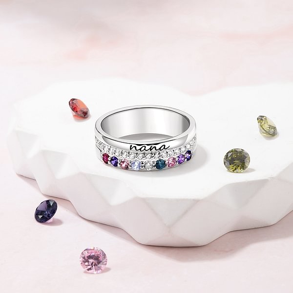 Personalized Family Zircon Ring with 1-10 Birthstones and Engraved Text ...