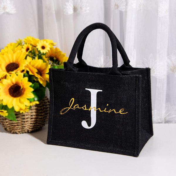 Personalized Black Burlap Tote Bag - CALLIE