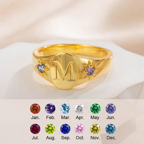 Personalised Sterling Silver Two Birthstones Signet Elegant Dainty Ring with Engraved Initial ...