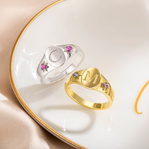 Personalised Sterling Silver Two Birthstones Signet Elegant Dainty Ring with Engraved Initial ...
