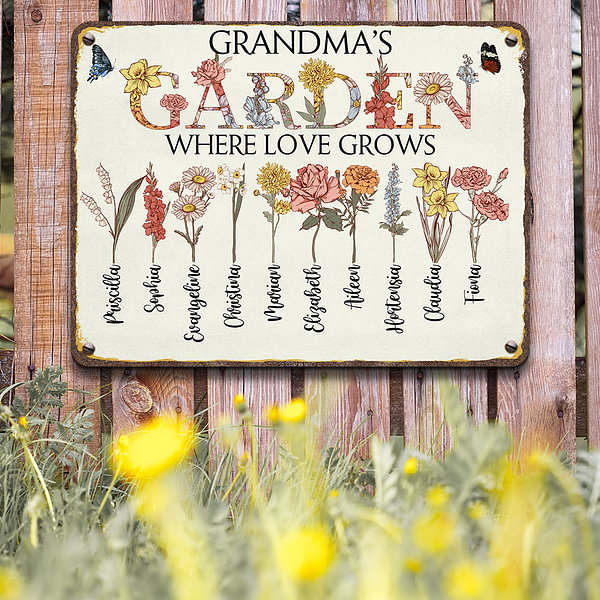 Personalized Birth Flower Metal Sign Where Love Grows Gift for Grandma ...
