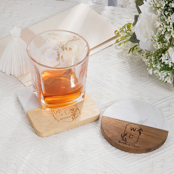 Personalized Engraved Marble and Wood Wedding Coaster for Couple Bridal ...