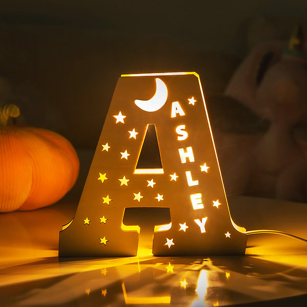 Personalised Initial Wood Night Light Moon and Stars Lamp with Engraved ...