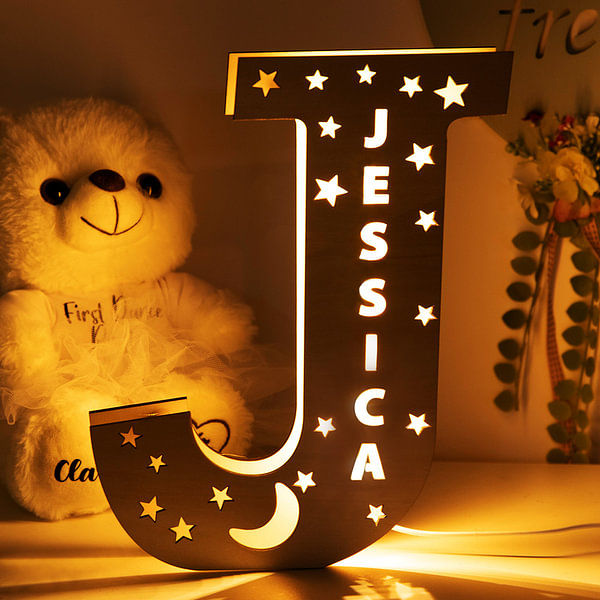 Personalized Initial Wood Night Light Moon and Stars Lamp with Engraved ...