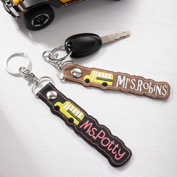 Personalized Leather Cartoon Bus Driver Keychain with Embroidered Name ...