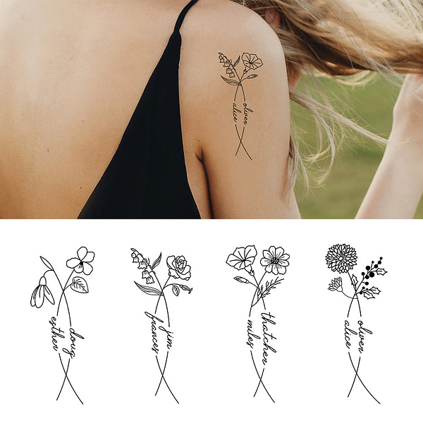 Personalized Birth Flower Bouquet Tattoo Sticker with 2 Names - CALLIE