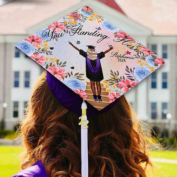 Personalized Back Silhouette Floral Grad Cap Decor with Name and Year ...