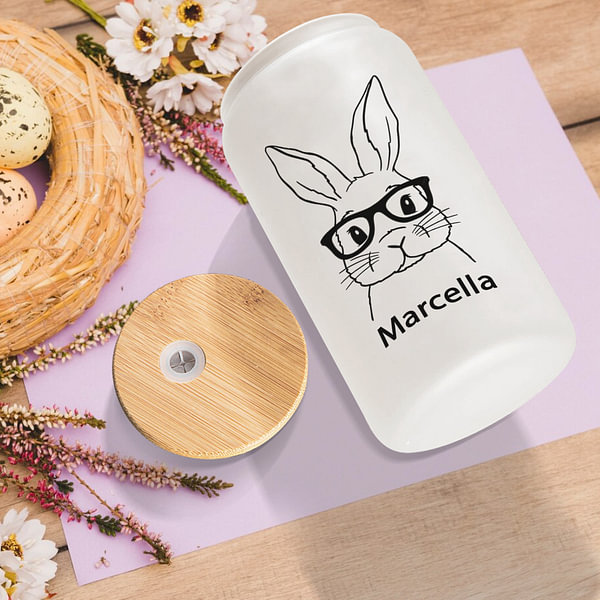 Personalized Cute Easter Bunny 20oz Name Glass Cup with Bamboo Lid and ...