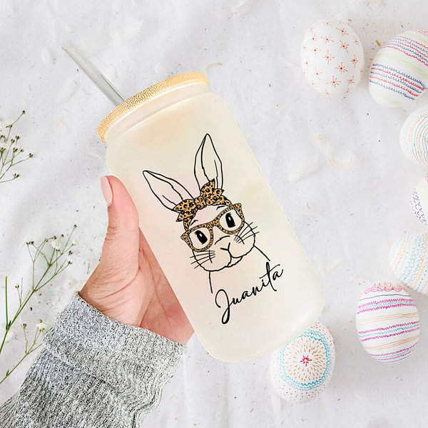 Personalized Cute Easter Bunny 20oz Name Glass Cup with Bamboo Lid and ...