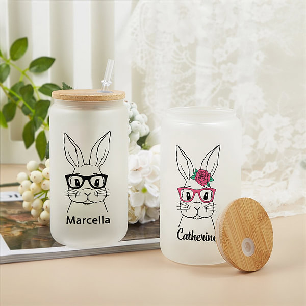 Personalized Cute Easter Bunny 20oz Name Glass Cup with Bamboo Lid and ...