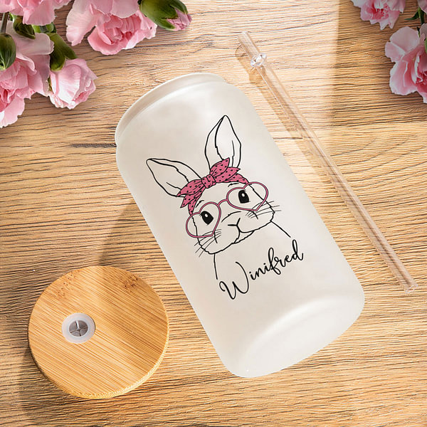 Personalized Cute Easter Bunny 20oz Name Glass Cup with Bamboo Lid and ...