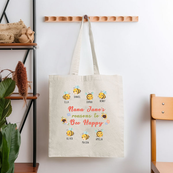 Personalized Bee Happy Canvas Tote Bag with 2-15 Names Mother's Day ...
