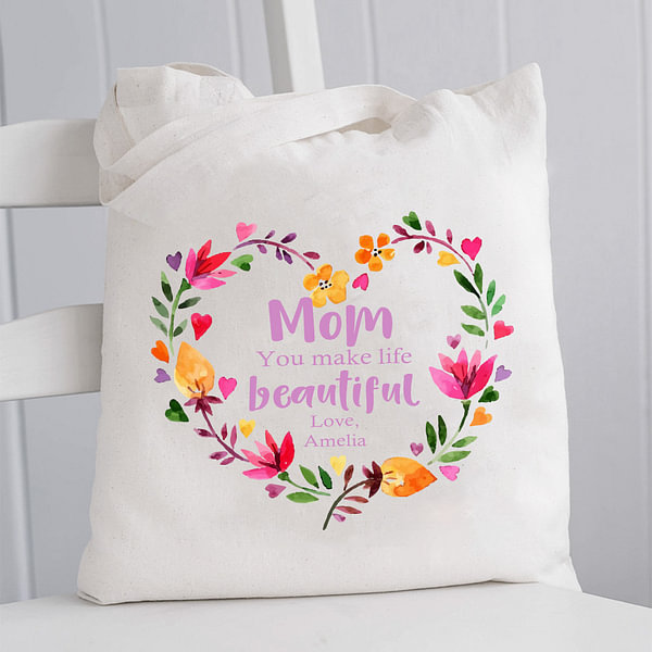 Personalized You Make Life Beautiful Floral Hoop Canvas Tote Bag with ...