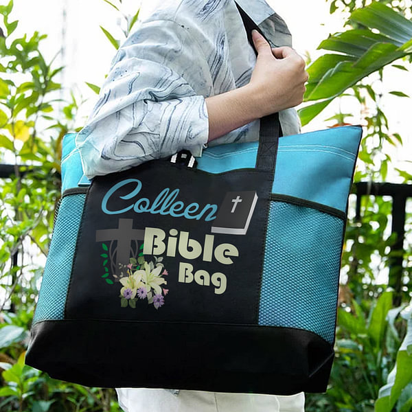 Personalized Bible Cross and Flowers Church Tote Bag with Zipper and ...