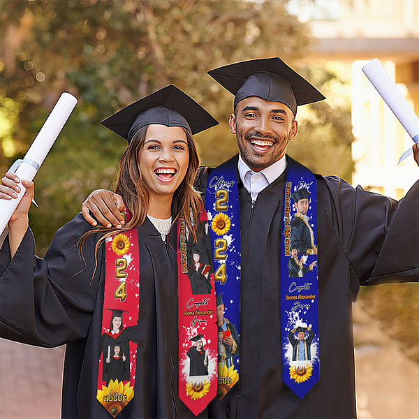 Personalized Photo Collage Multicolor Flower Graduation Stole with Text ...