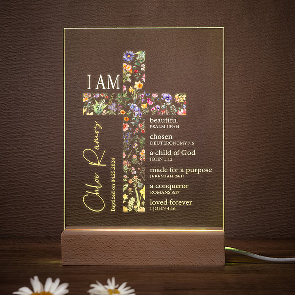 Personalized Floral Cross Bible Verse Name LED Night Light with Wood ...