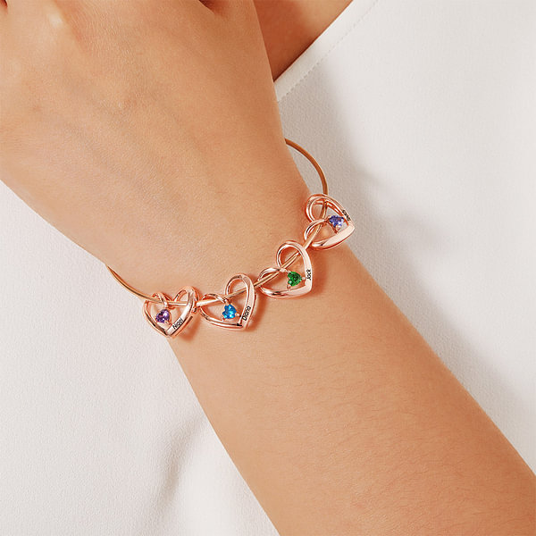 Personalized 1-12 Heart Shape Charms Family Bangle with Engraved Names ...