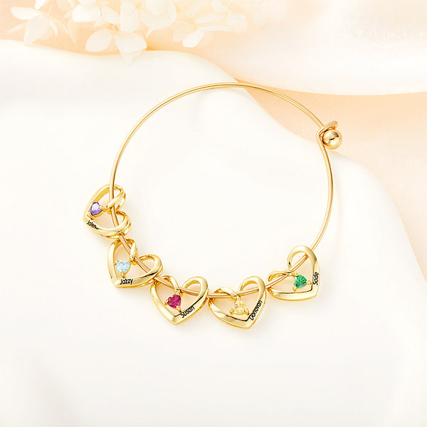 Personalized 1-12 Heart Shape Charms Family Bangle with Engraved Names ...
