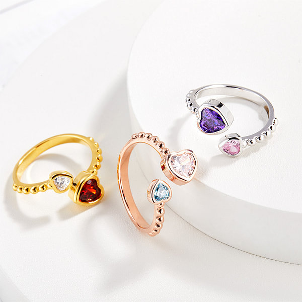 Personalized Double Heart Birthstones Adjustable Open Ring Birthday Mother's Day Gift for Women ...