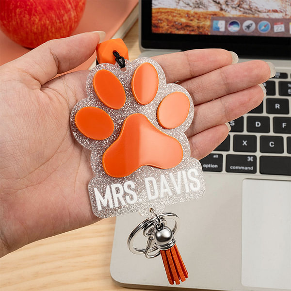 Personalized Glitter Paw Print ID Badge Lanyard with Beads Tassels ...