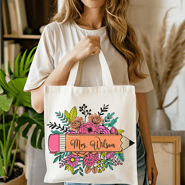 Personalized Helping Little Minds Grow Flowers Pencil Canvas Tote Bag ...