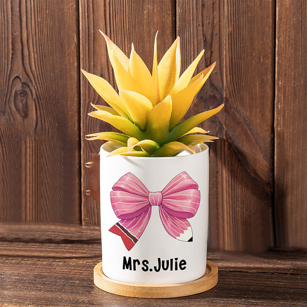 Personalized Coquette Bow Pencil Ceramic Plant Pot and Bamboo Base with ...