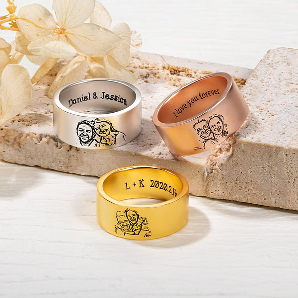 Personalized Engraved Photo Portrait Ring with Names Engagement Wedding ...