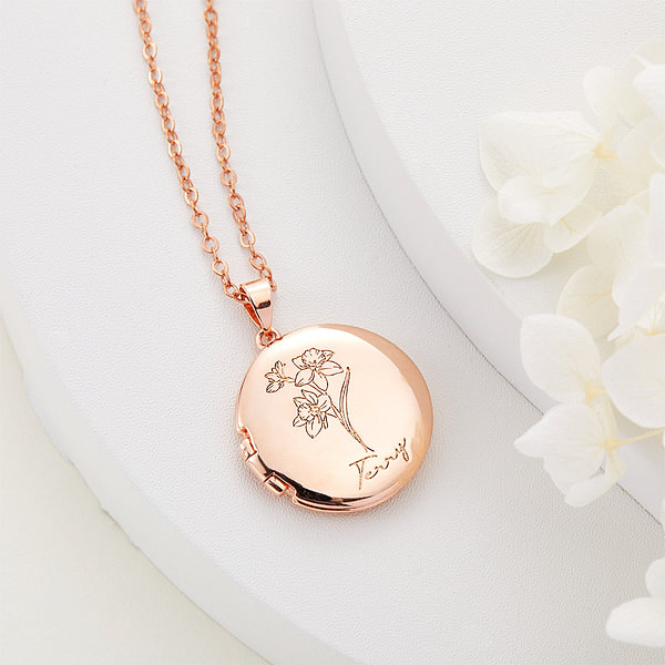 Personalized Birth Flower Photo Locket Necklace with Engraved Name ...