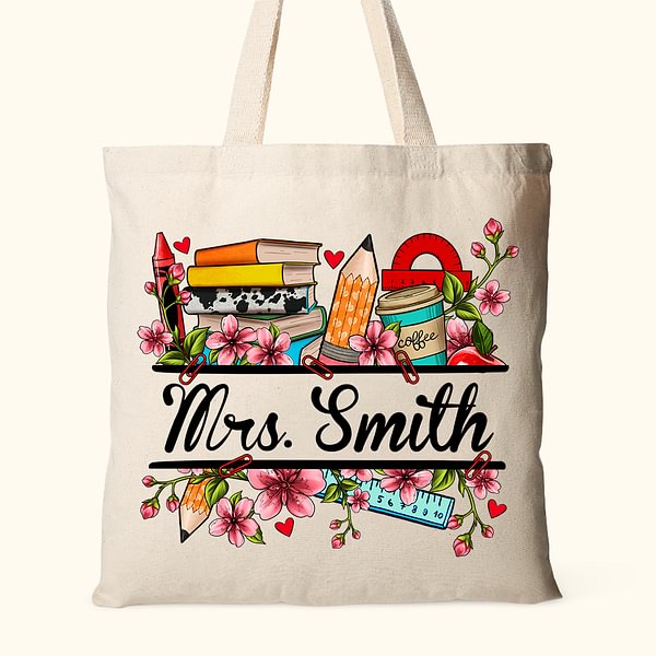 Personalized Books Ruler Pencil Flower Reusable Canvas Tote Bag with ...